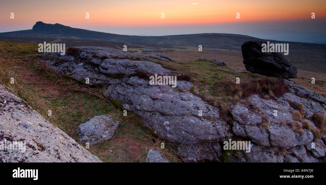Pre dawn light at Saddle Tor on Dartmoor looking South towards the ...