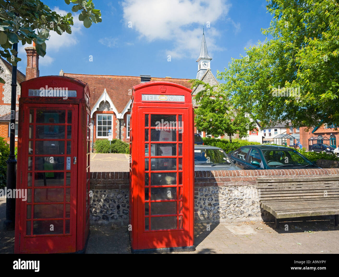 Overton town hall and clock with traditional red telephone box north ...
