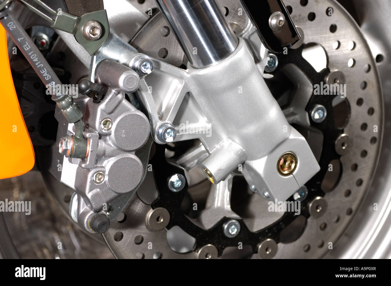 Motorcycle wheel brake system closeup Stock Photo - Alamy