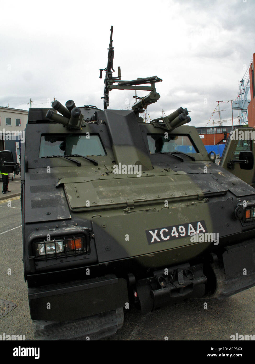 frontal view of a lightly armed military transport vehicle. H.M forces ...