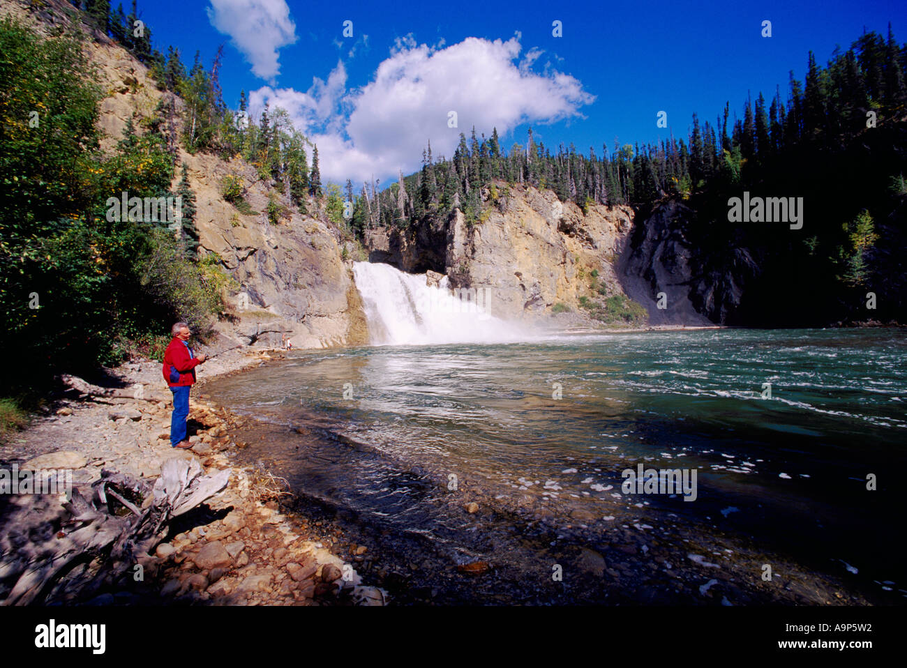 Fisherman fishing at Smith River Falls, Northern BC, British Columbia ...