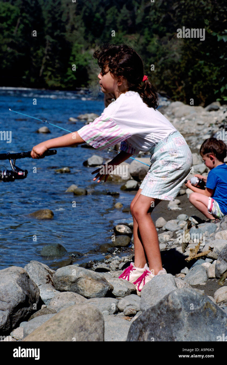 Young Girl and Boy, Children fishing for Salmon, Stamp River near Port ...