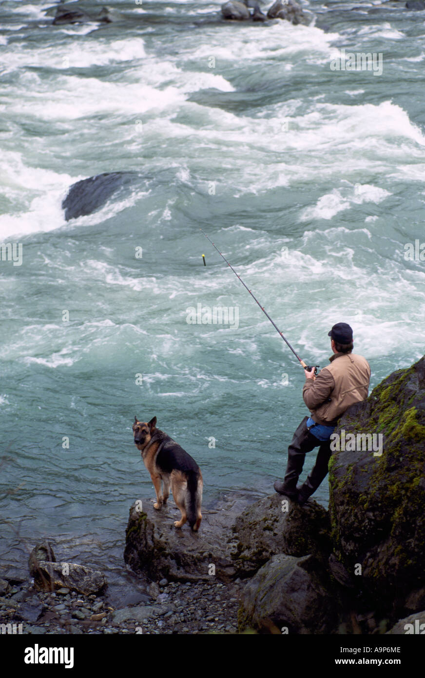 Fisherman and Dog fishing in River Stock Photo - Alamy
