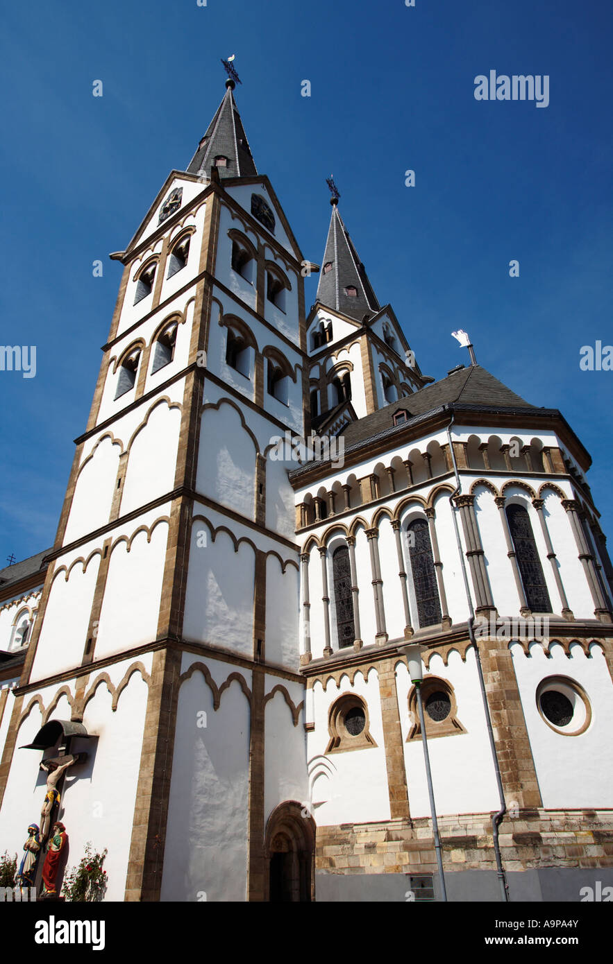 Detail of the twin towers of St Severus church Boppard, Rhineland ...