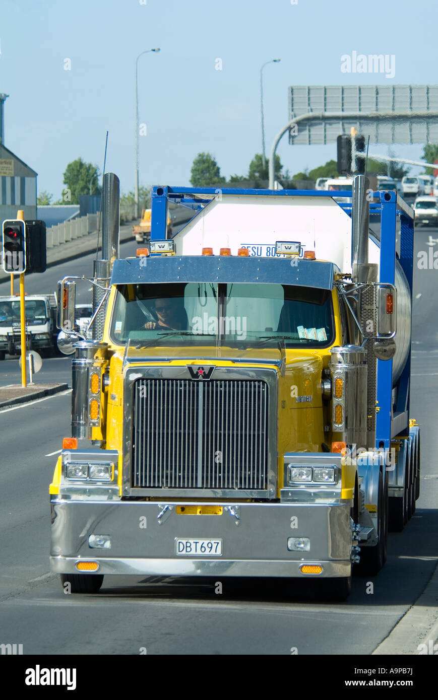 Container truck carrying hazardous fluids on a container casing Stock ...