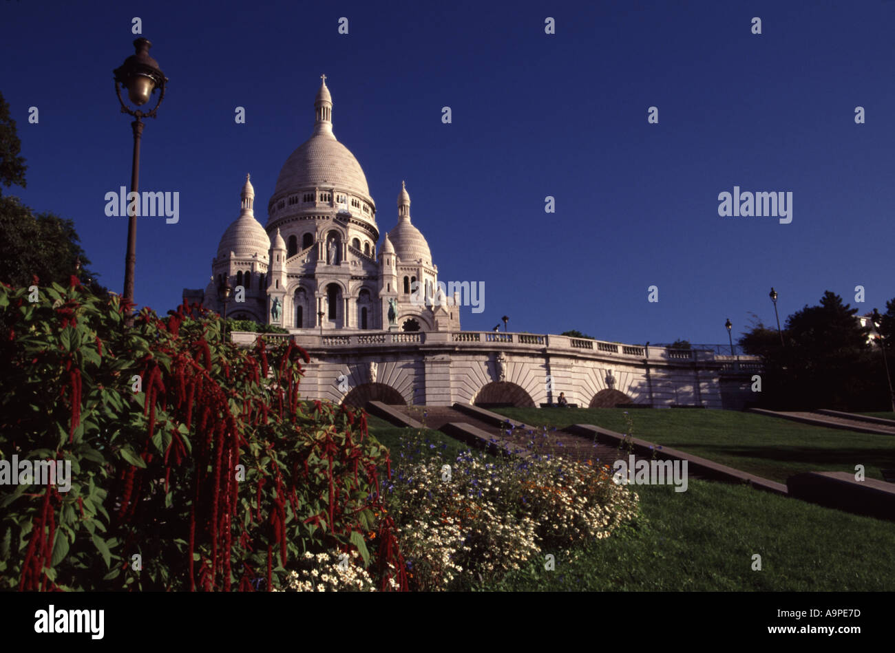 Sacre Coeur with flower gardenand steps leading up Paris France Stock ...
