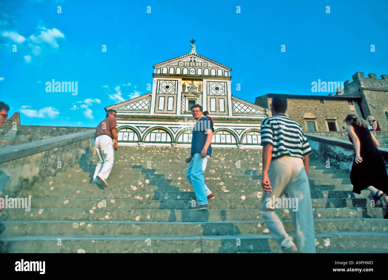 FLORENCE ITALY, Group Tourists Visiting Church Walking up Steps Outside ...