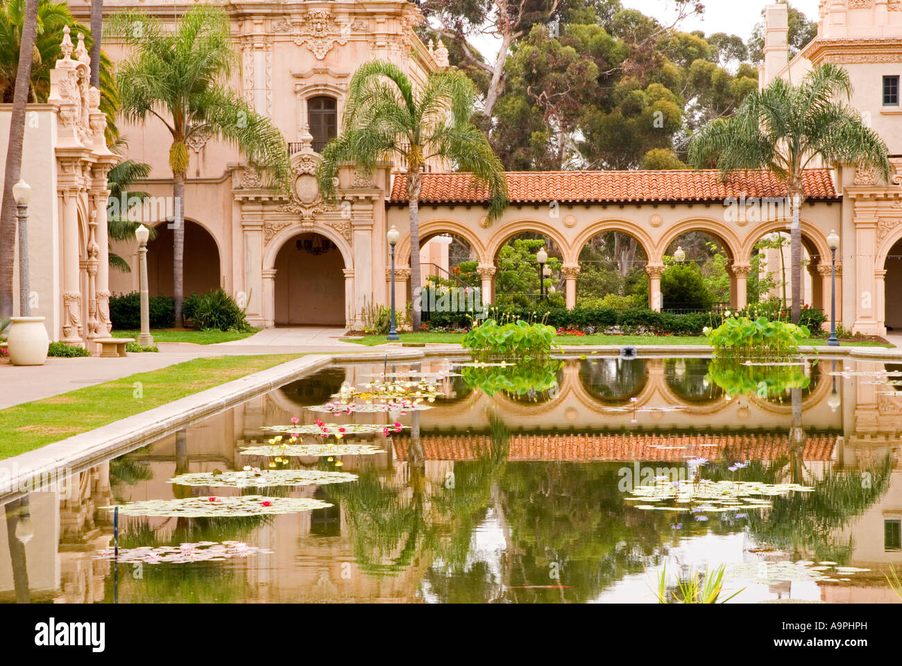 Pool and archway at El Prado in Balboa Park San Diego California Stock ...