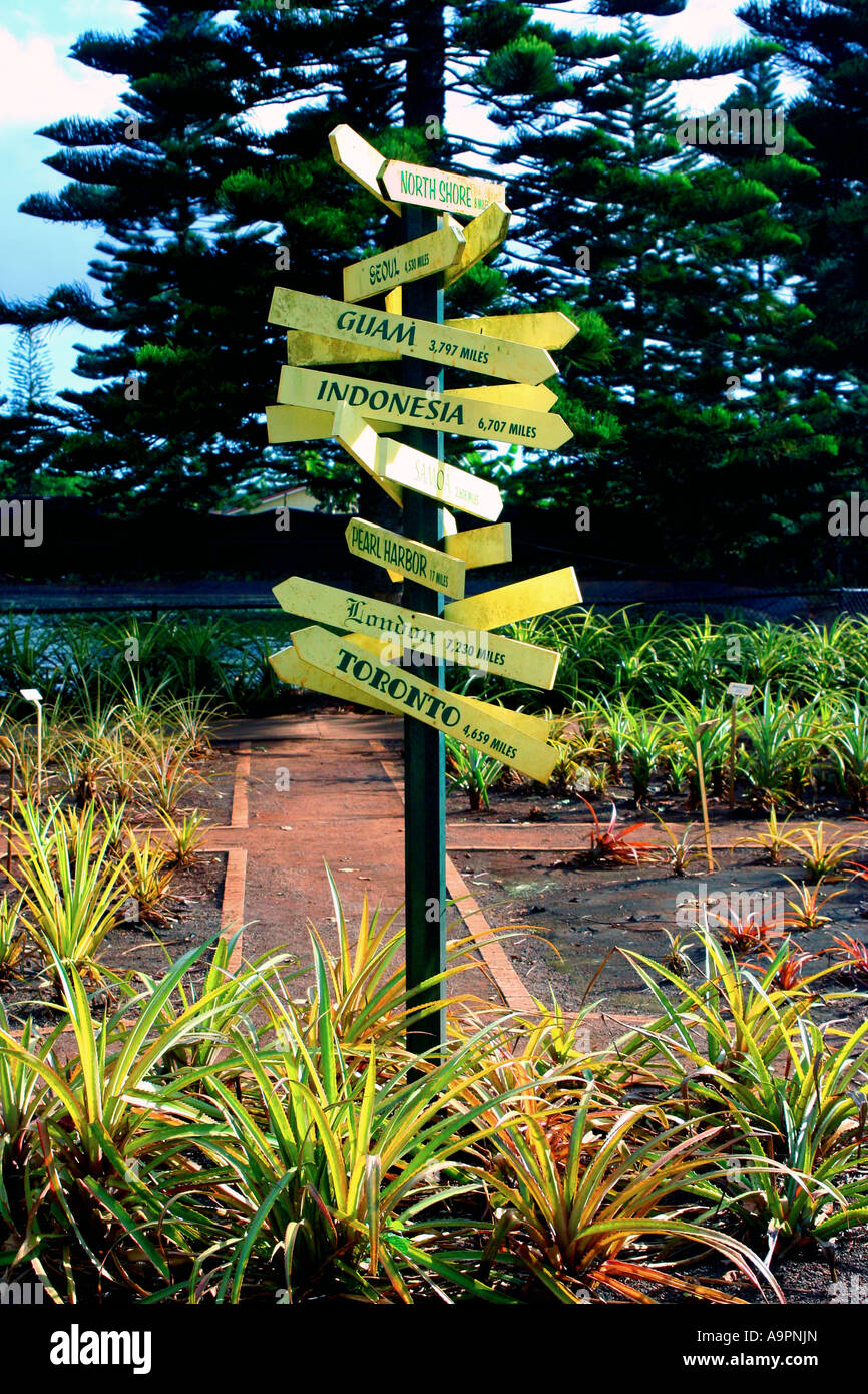 Dole Plantation tourist mileage sign Oahu Hawaii Stock Photo - Alamy