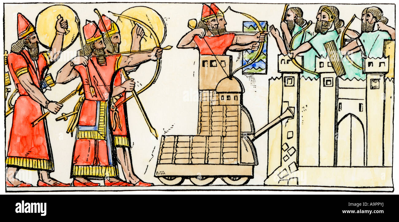 Assyrian siege of a city showing use of a battering ram. Hand-colored ...