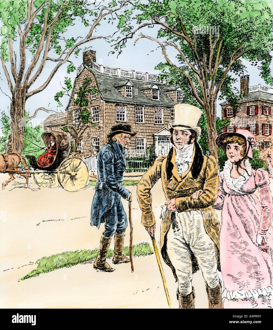 New England street scene about 1800. Hand-colored woodcut Stock Photo ...