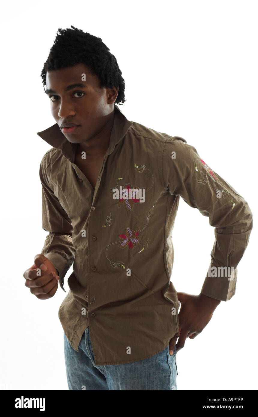 Studio shot of attractive fashionable young black man in a pose ...