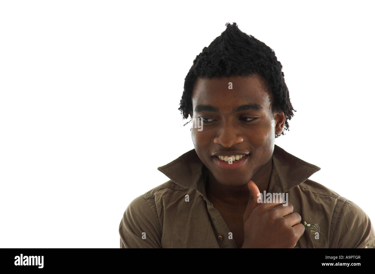 Studio shot of attractive fashionable young black man in thoughtful ...