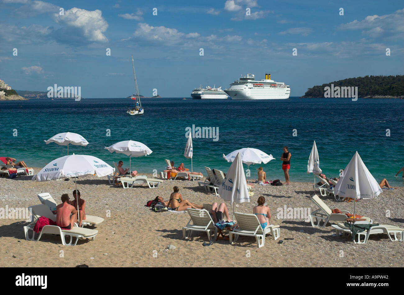 Croatia Adriatic coast Dalmatia Dubrovnik Ploce beach view with people ...