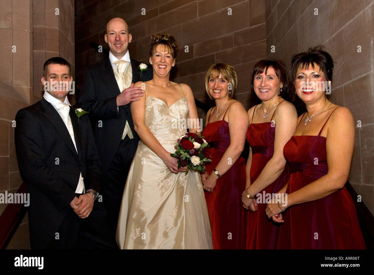 Bride and Groom with best man and bridesmaids Stock Photo - Alamy