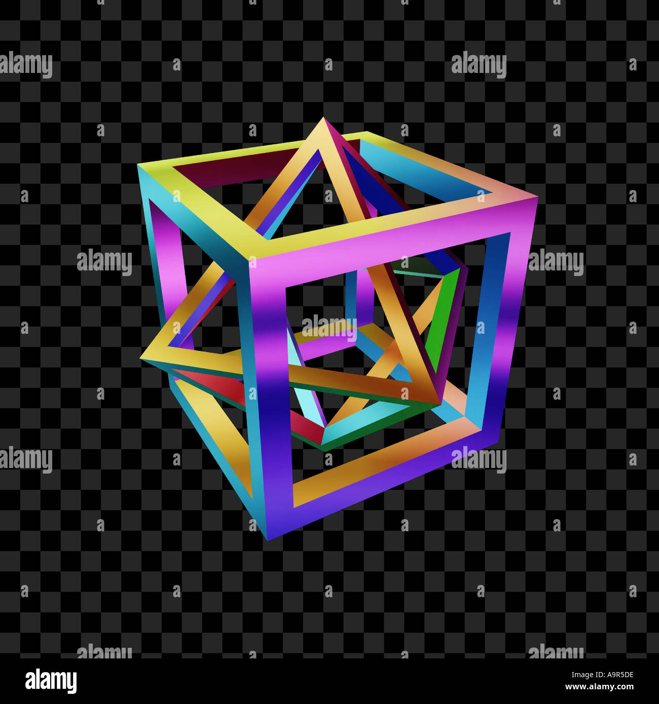 Colorful geometry a hollow double pyramid inside a hollow cube Stock ...