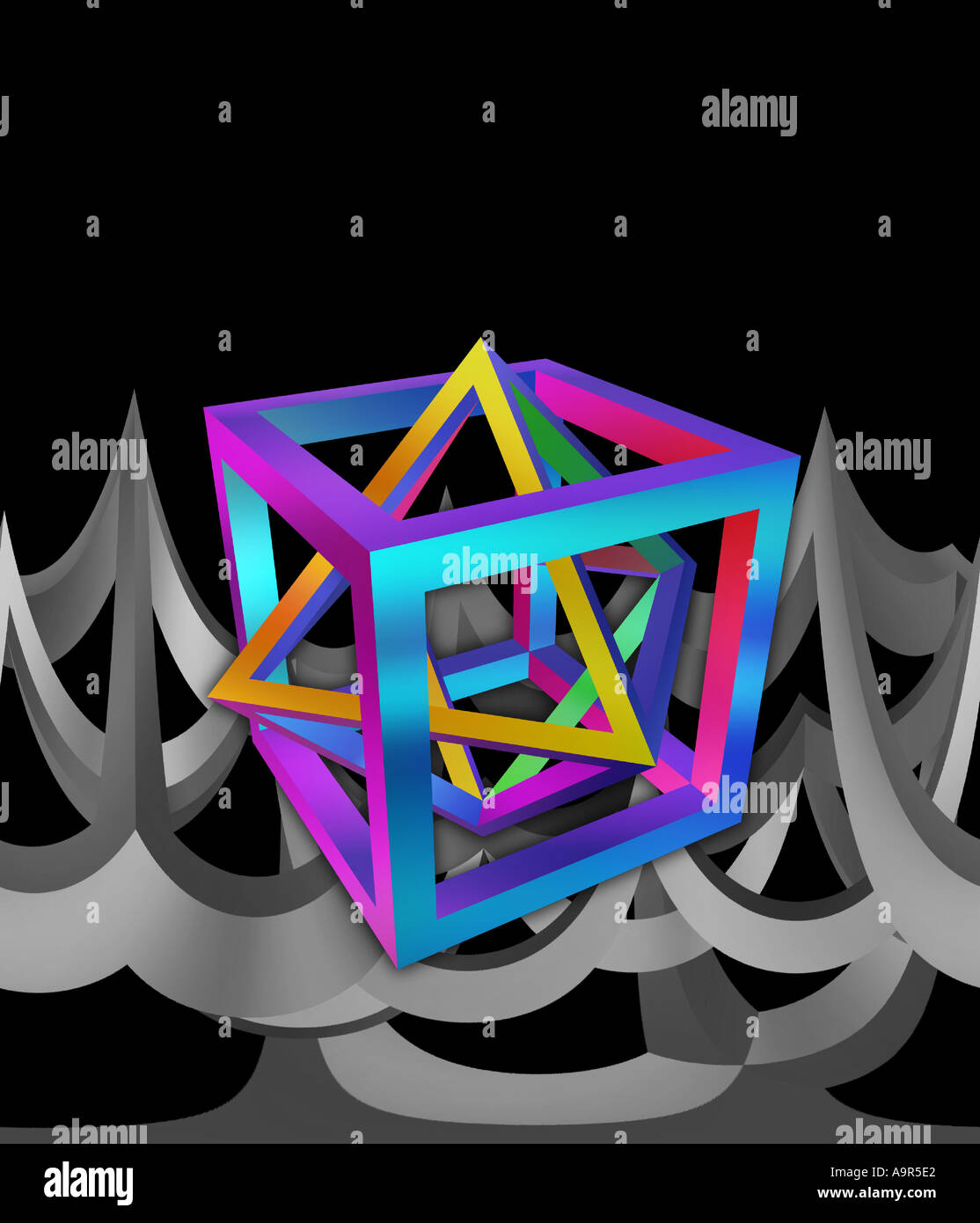 Colorful geometry hollow cube with hollow double pyramid seemingly ...