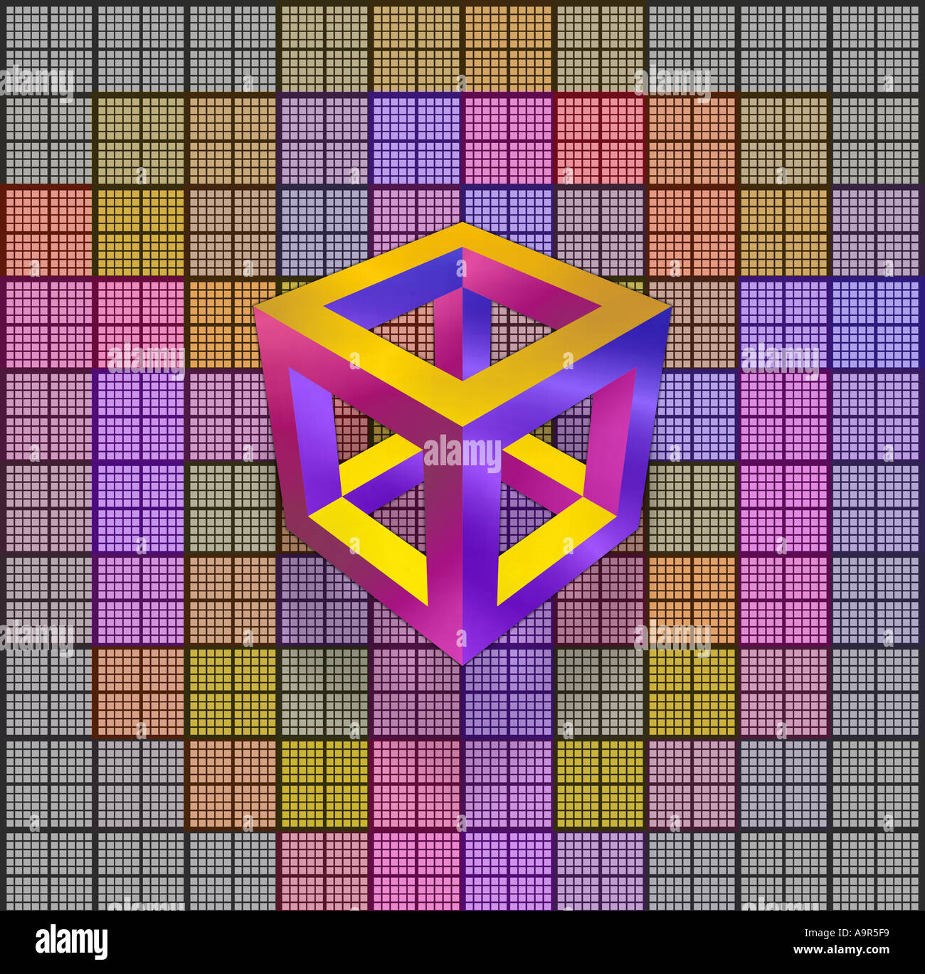 Colorful hollow cube in front of a straight grid Stock Photo - Alamy