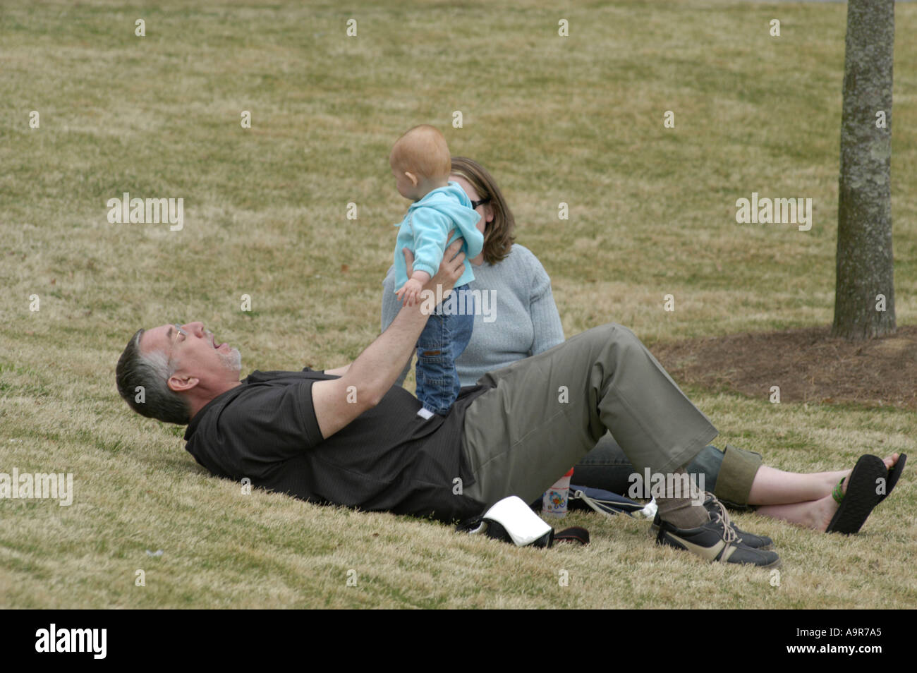 Family on the grass playing on nice day Dad and Son Stock Photo - Alamy