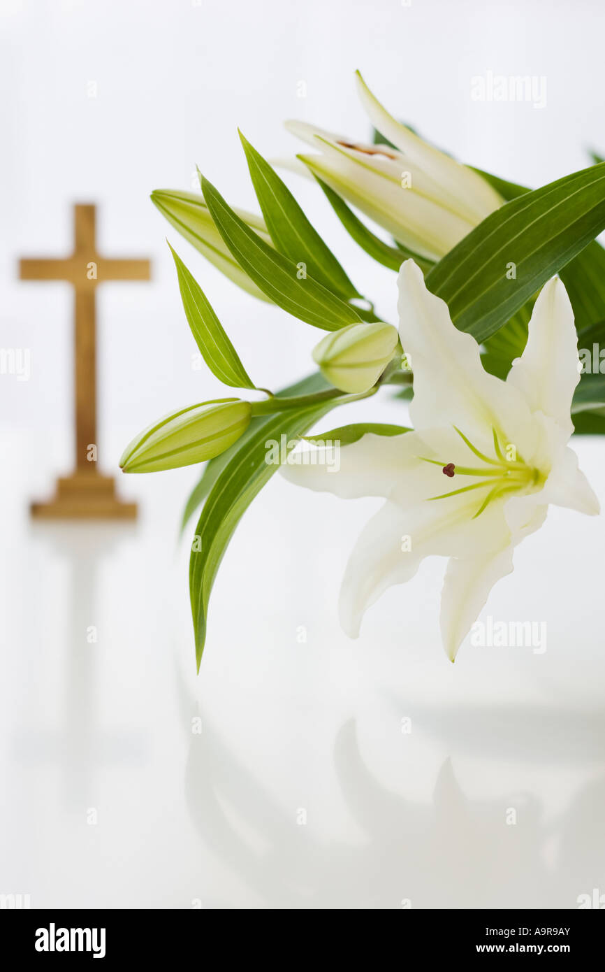 Close up of flowers with cross in background Stock Photo - Alamy