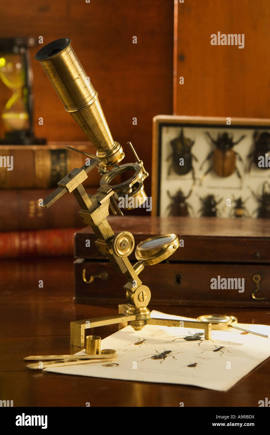 Old fashioned microscope on table Stock Photo - Alamy