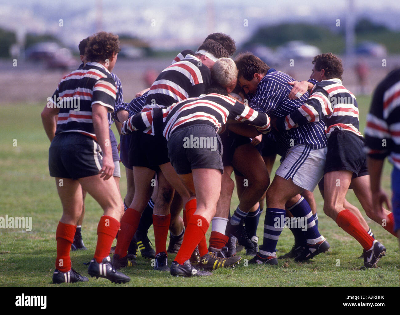 Group of male rugby players in game Stock Photo - Alamy