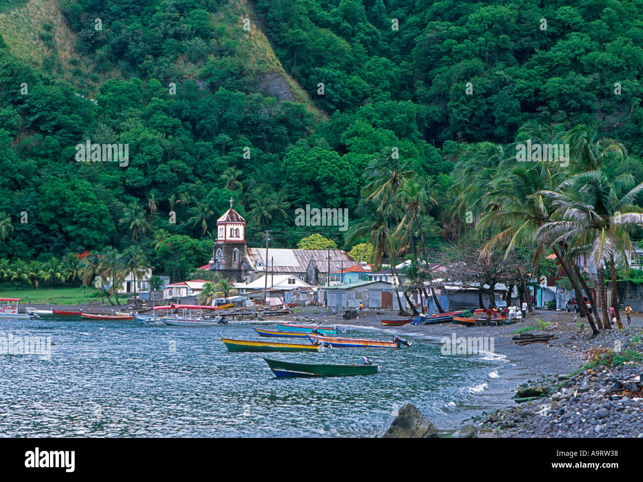 Landscape view of Soufriere town on the coast of Dominica. Caribbean ...