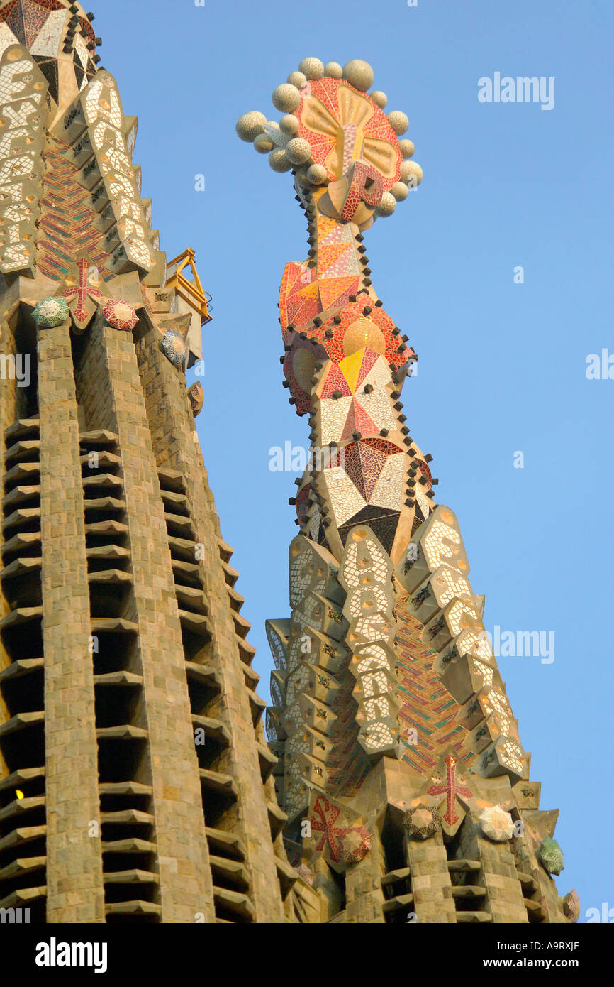 Detail on the spires of the Passion facade to the West of the Sagrada ...