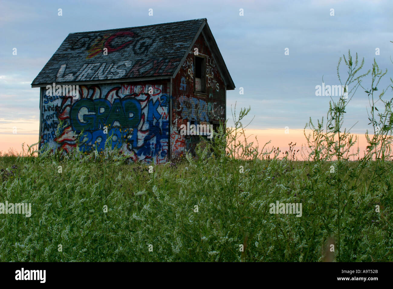 Horizontal Graffiti on an old grainery Stock Photo - Alamy