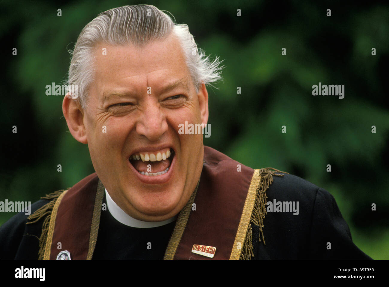 Rev Ian Paisley portrait, 1981 Orange Day Parade. He's guest of honour ...