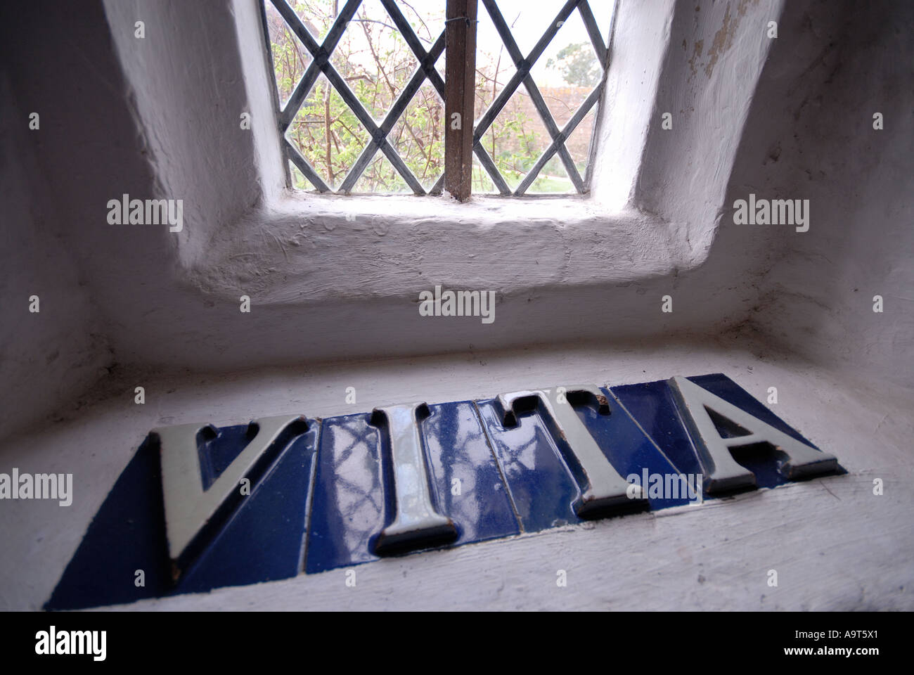 Ceramic tiles on the window sill of a window in the tower, Sissinghurst ...