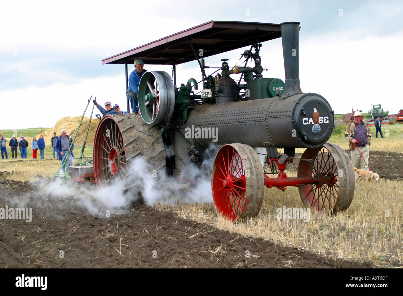 Horizontal Antique tractor pulling a five furrow plow Stock Photo - Alamy