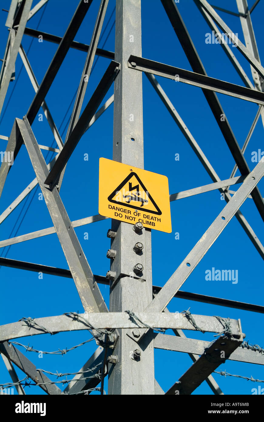 Warning sign on an electricity pylon warning people not to climb on it ...