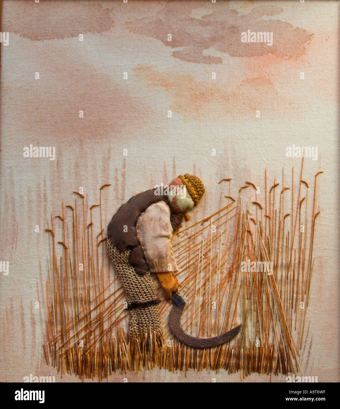 embroidery art needleowrk, harvesting corn with a sickle Stock Photo ...