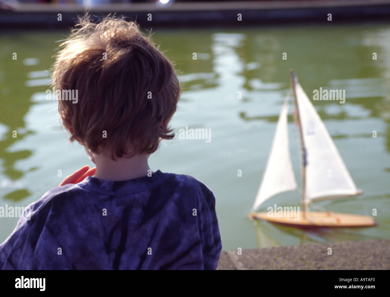 child watching model sailing boat pond holiday Stock Photo - Alamy