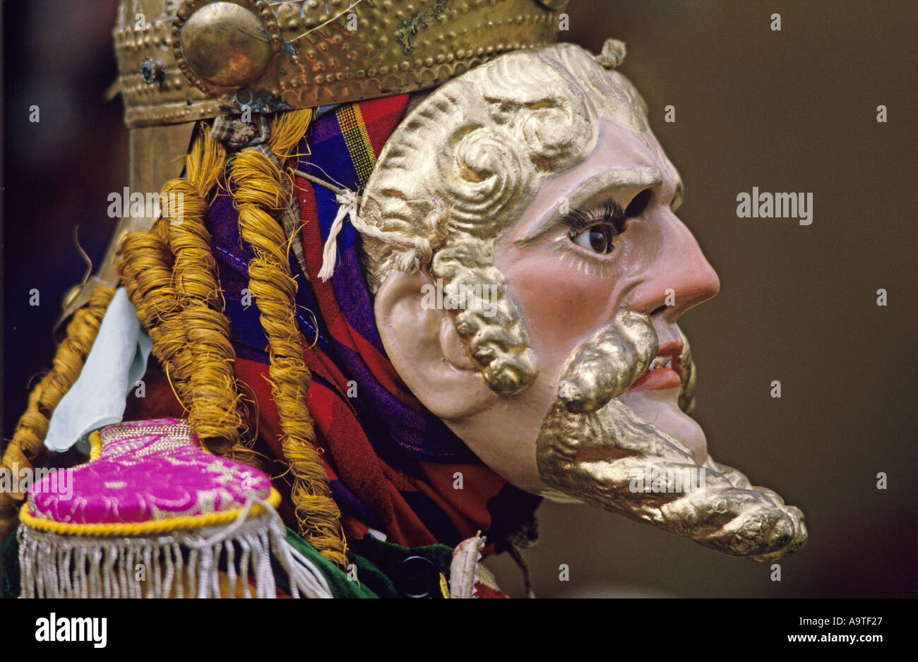 Myan dancer wears wooden mask of Spanish conqueror Pedro Alvarado at ...