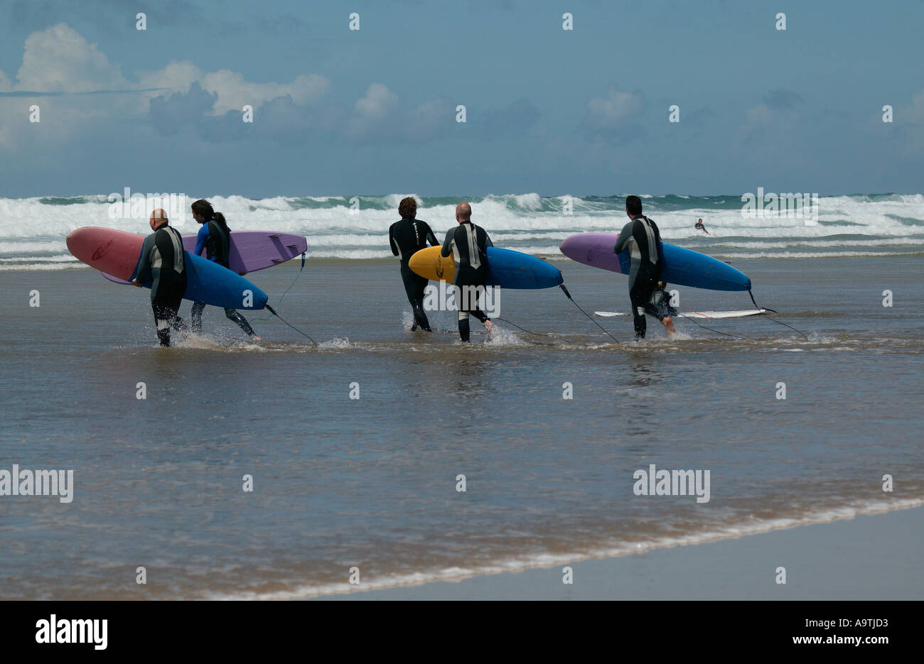 Group of Five surfers heading into sea carrying surf boards Stock Photo ...