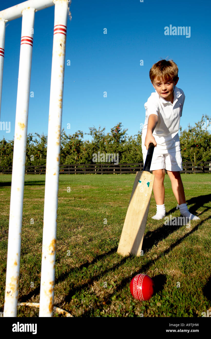 young boy in sports uniform playing cricket Stock Photo - Alamy