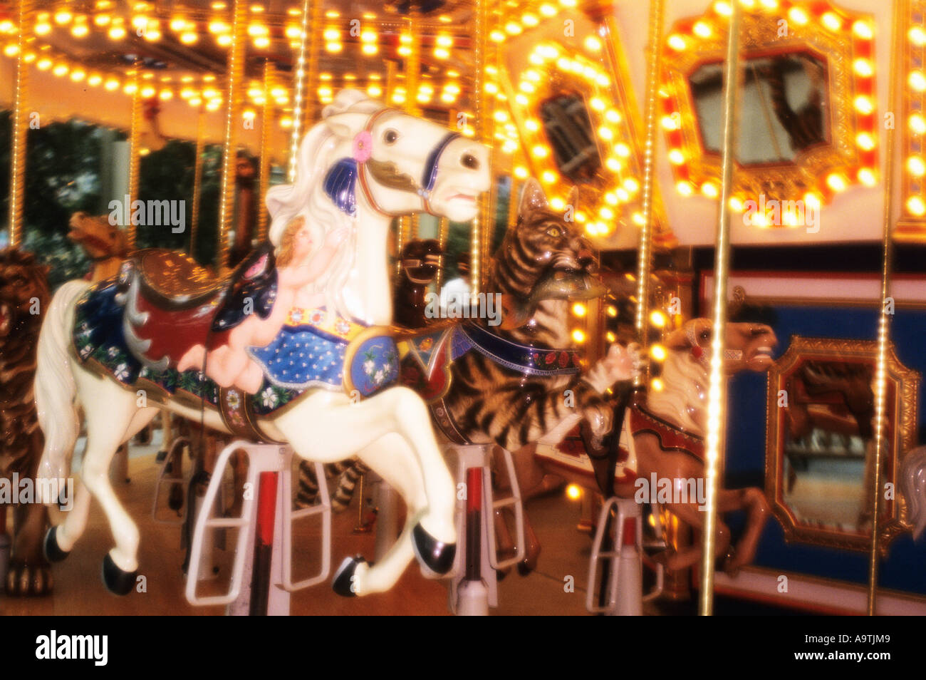 Carousel horse on merry go round in amusement park Stock Photo - Alamy