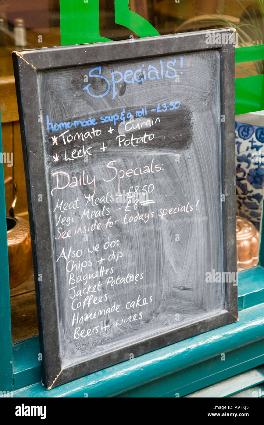 Chalk board with menu and prices for food in bistro "Hay on Wye" Wales ...