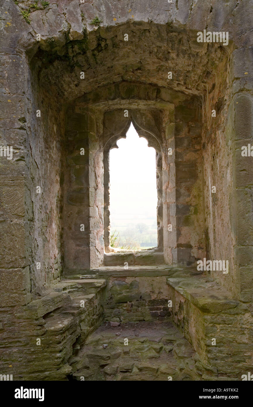 Classic carved window in the ruined tower of Bronllys Castle dating ...