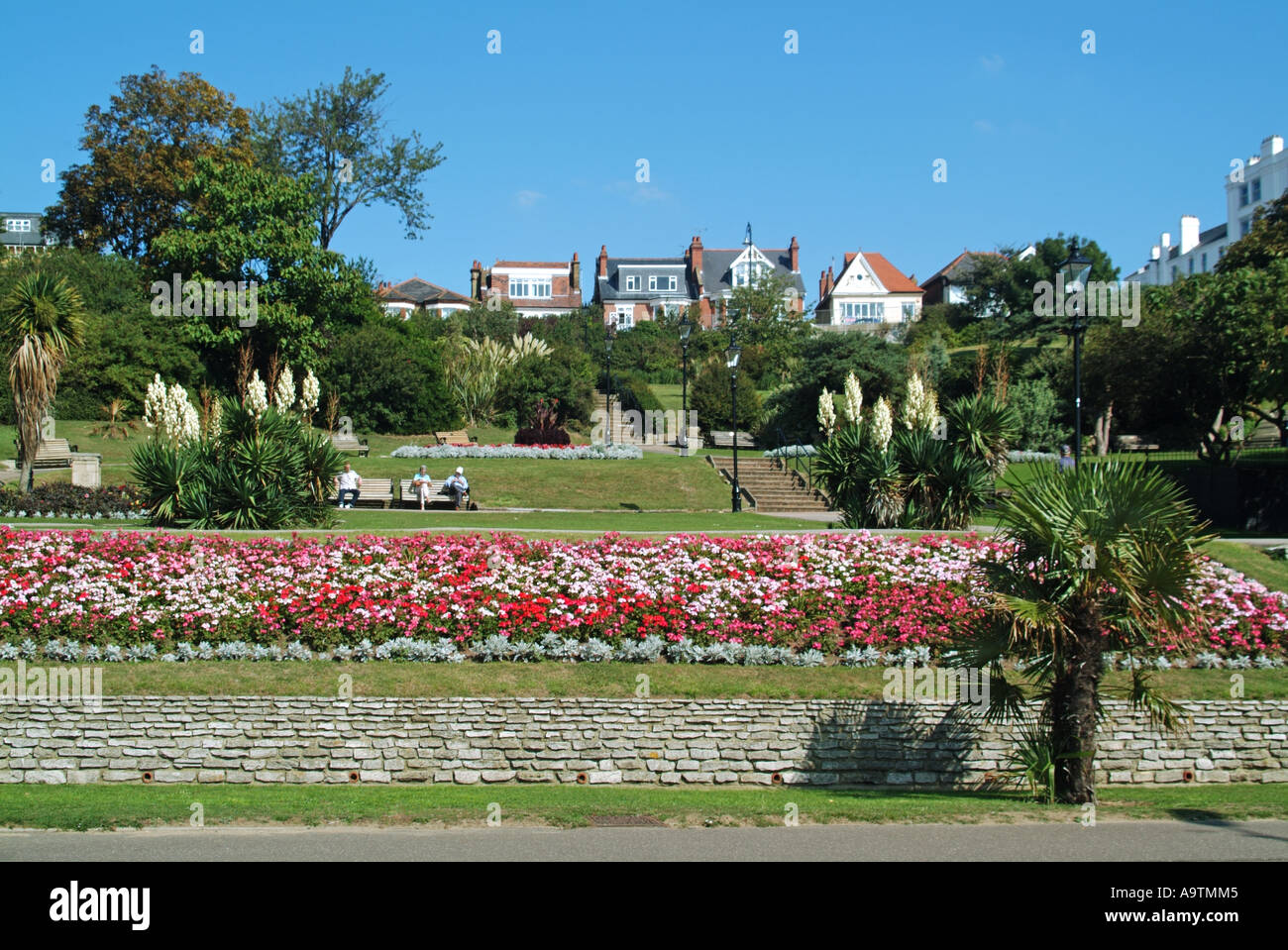 Southend on Sea seafront public gardens with flower displays and people ...