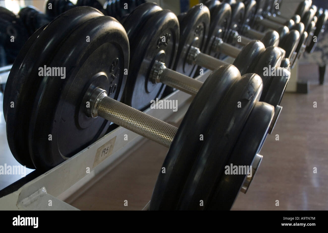 Row of weights in gymn Stock Photo - Alamy
