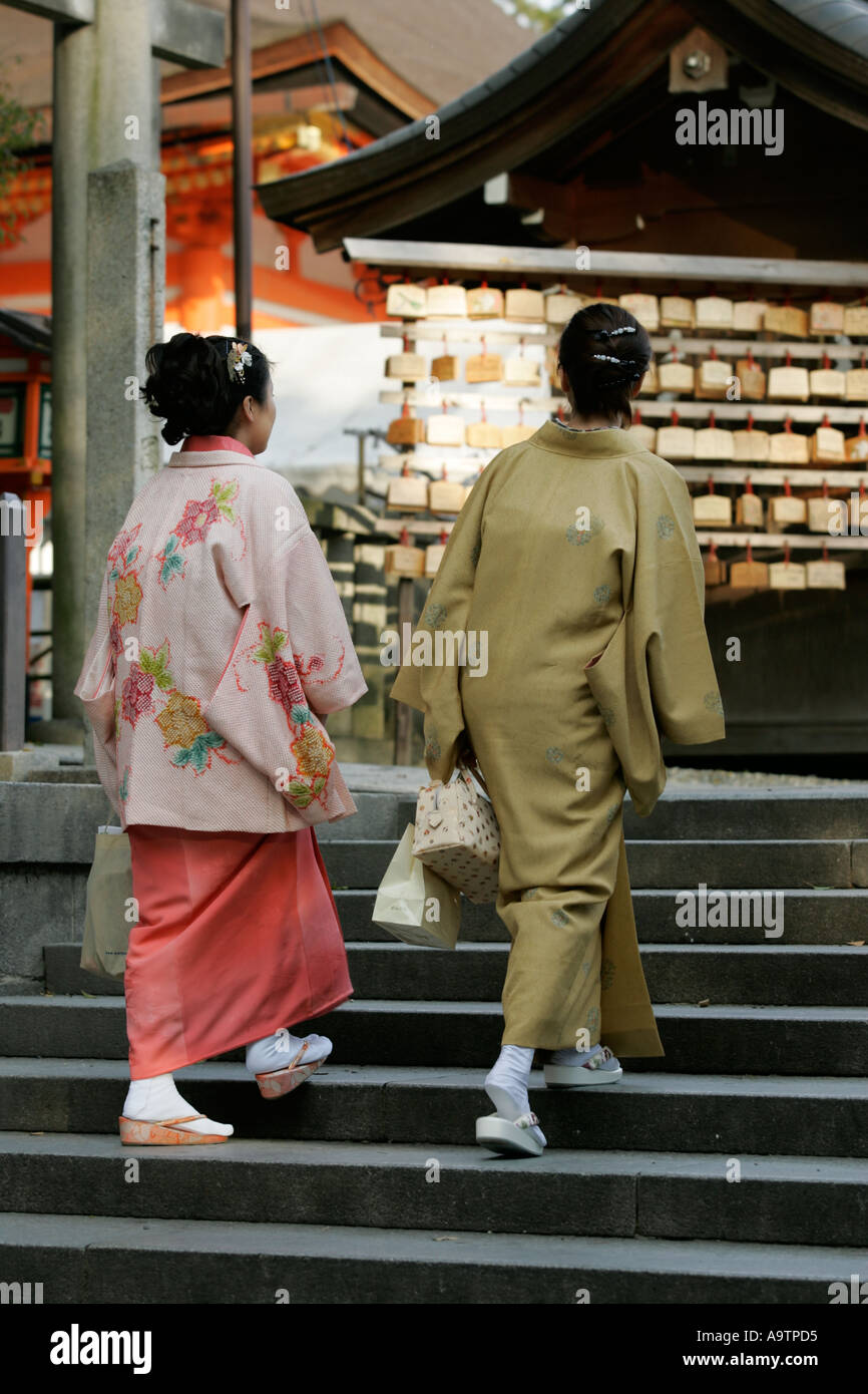 Japanese women in kimono ascending temple steps Kyoto Japan Stock Photo ...