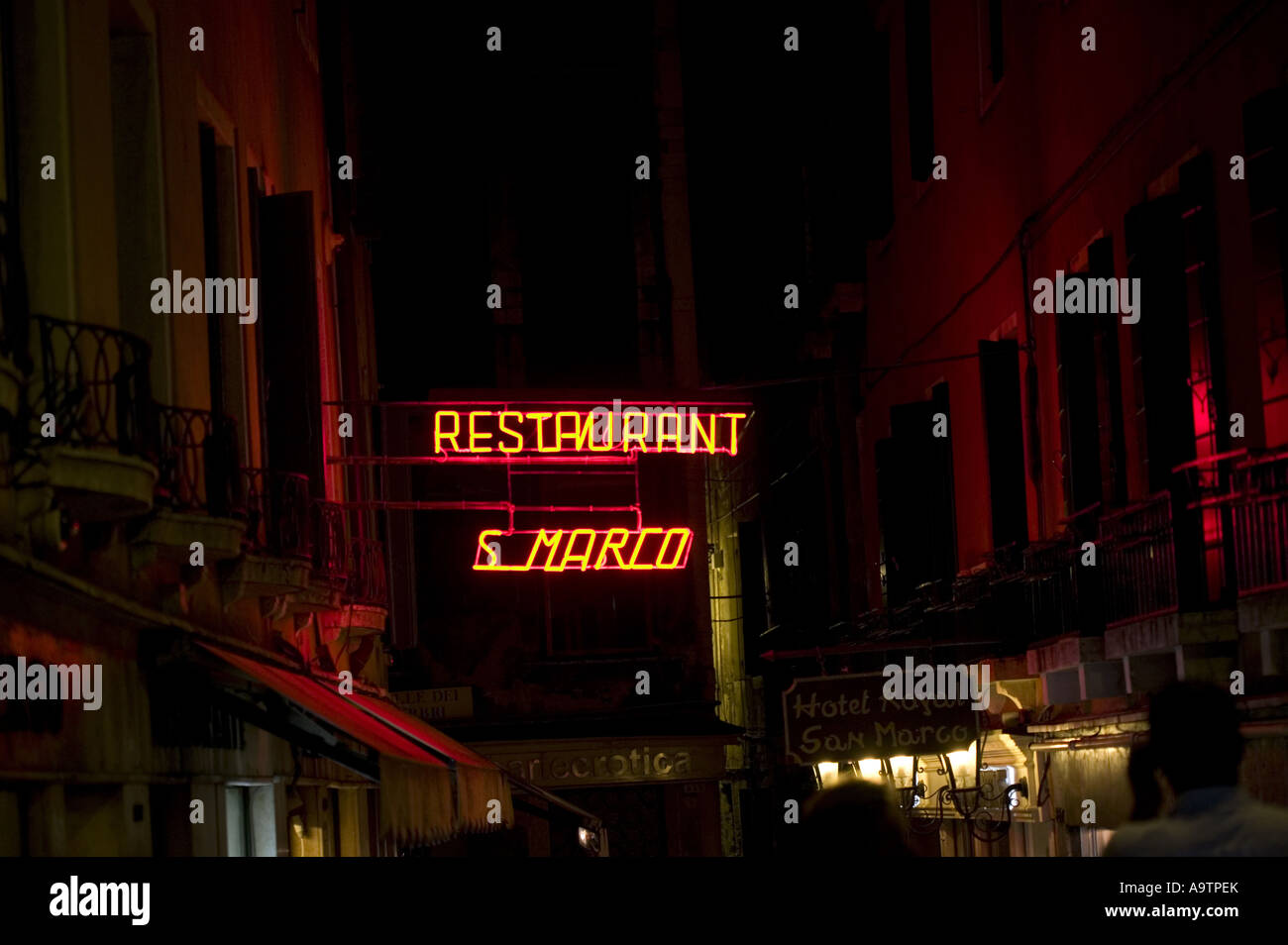 Illuminated sign for San Marco restaurant, Venice, Italy, Europe Stock ...