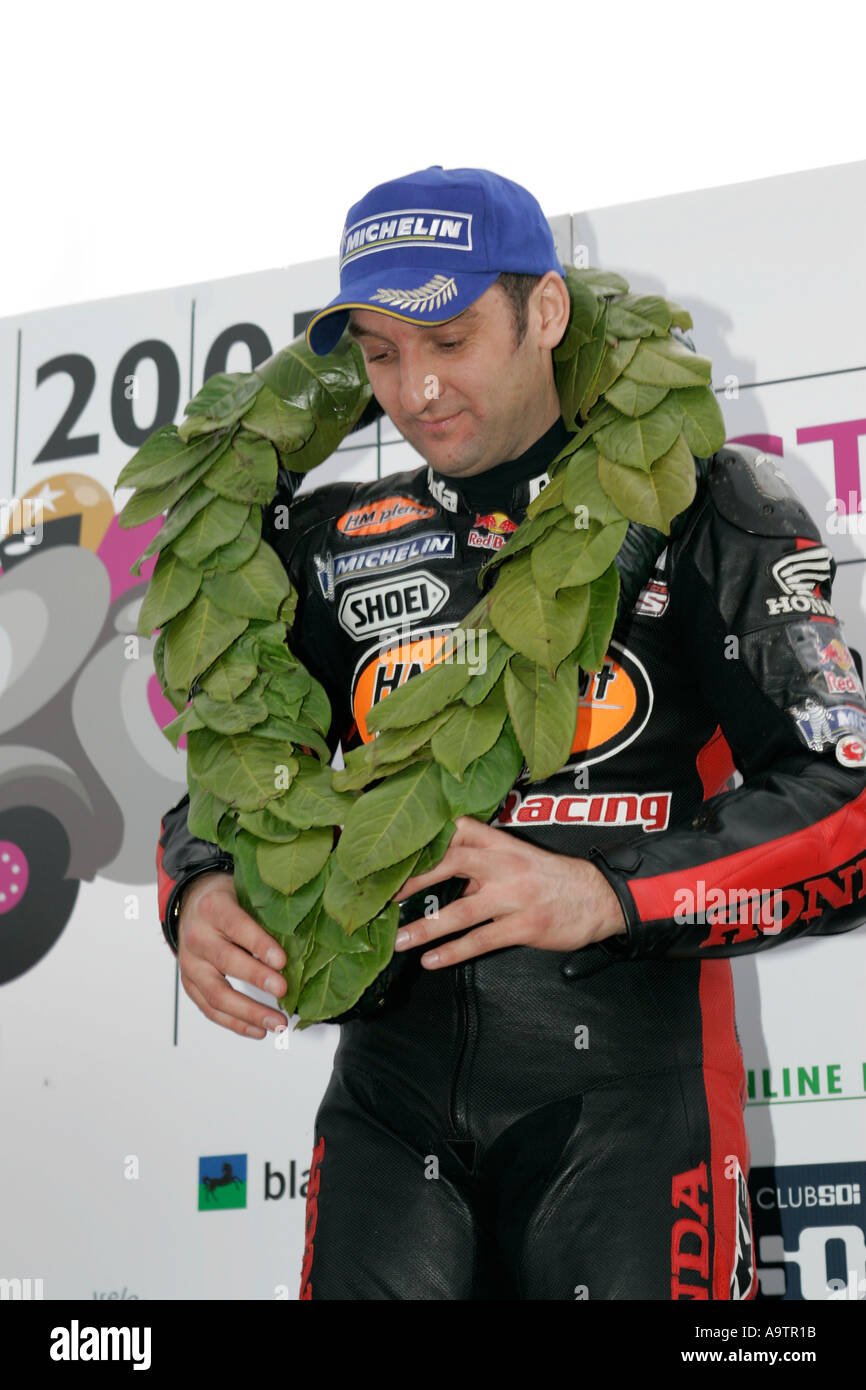 Michael Rutter and Laurel wreath on the podium at the North West 200 ...