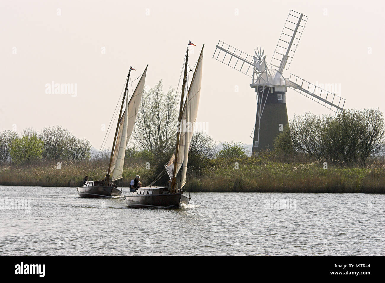 sailing boat with st benets level windmill in back ground Stock Photo ...