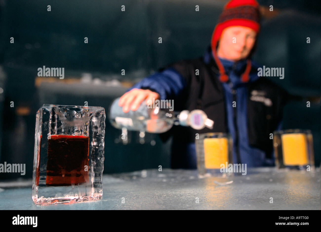 Glasses made from Ice hold vodka cocktails at the Ice bar at the Ice ...