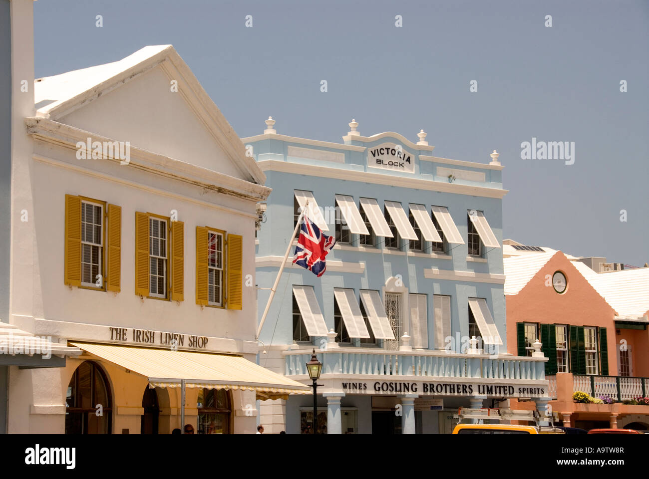 Bermuda Hamilton Front Street shops skyline Stock Photo - Alamy
