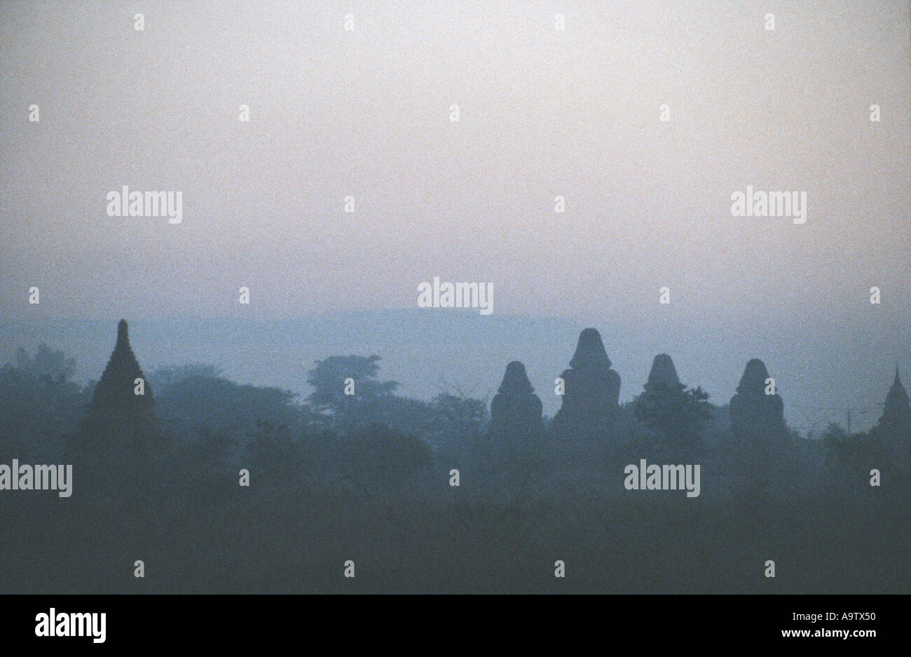 Silhouette of Bagans temples at dawn Bagan Magwe Division Myanmar Stock ...